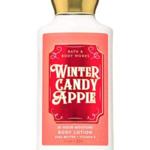 Bath and Body Work Winter Candy Apple Candle Gift Set, 3 Wick and Single Wick Candles, Full Size Body lotion, Shower Gel with Gingham Gift Bag and Tissue