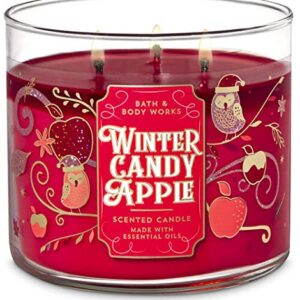 Bath and Body Work Winter Candy Apple Candle Gift Set, 3 Wick and Single Wick Candles, Full Size Body lotion, Shower Gel with Gingham Gift Bag and Tissue