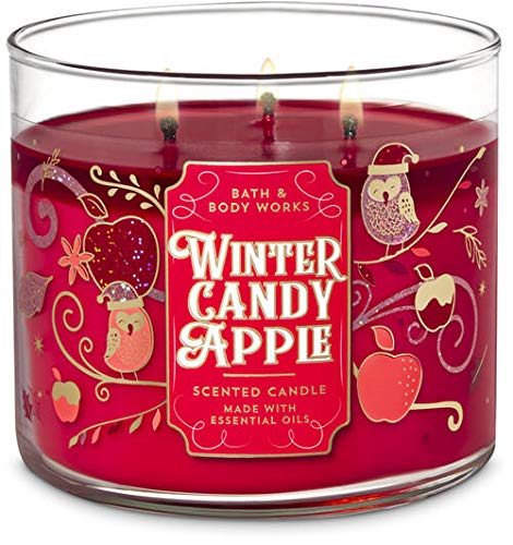 Bath and Body Work Winter Candy Apple Candle Gift Set, 3 Wick and Single Wick Candles, Full Size Body lotion, Shower Gel with Gingham Gift Bag and Tissue