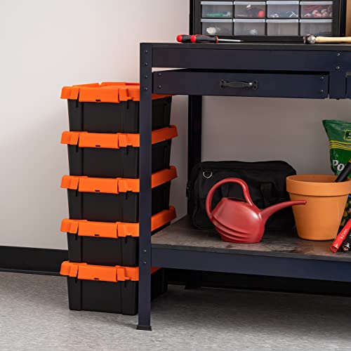 IRIS USA 3 Gallon Heavy-Duty Plastic Storage Bins, 5 Pack, Store-It-All Container Totes with Durable Lid and Secure Latching Buckles, Garage and Metal Rack Organizing, Black/Orange