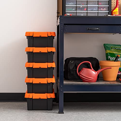 IRIS USA 3 Gallon Heavy-Duty Plastic Storage Bins, 5 Pack, Store-It-All Container Totes with Durable Lid and Secure Latching Buckles, Garage and Metal Rack Organizing, Black/Orange