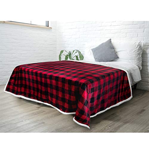 PAVILIA Buffalo Plaid Sherpa Blanket King | Fuzzy Red Black Checkered Flannel Fleece Blanket for Couch Bed | Fluffy Warm Soft Christmas Plush Microfiber Blanket | 90x108