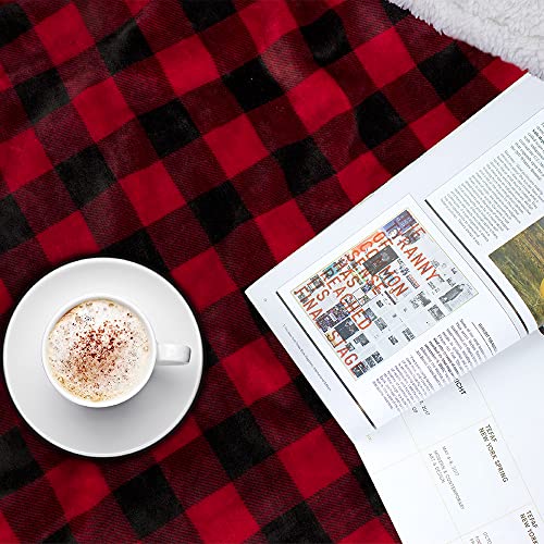 PAVILIA Buffalo Plaid Sherpa Blanket King | Fuzzy Red Black Checkered Flannel Fleece Blanket for Couch Bed | Fluffy Warm Soft Christmas Plush Microfiber Blanket | 90x108