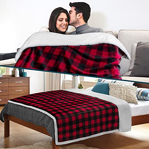 PAVILIA Buffalo Plaid Sherpa Blanket King | Fuzzy Red Black Checkered Flannel Fleece Blanket for Couch Bed | Fluffy Warm Soft Christmas Plush Microfiber Blanket | 90x108