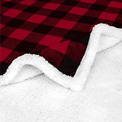 PAVILIA Buffalo Plaid Sherpa Blanket King | Fuzzy Red Black Checkered Flannel Fleece Blanket for Couch Bed | Fluffy Warm Soft Christmas Plush Microfiber Blanket | 90x108