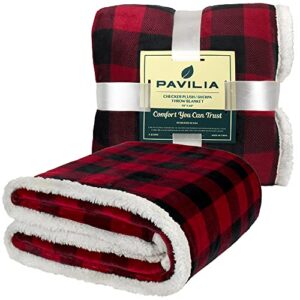 PAVILIA Buffalo Plaid Sherpa Blanket King | Fuzzy Red Black Checkered Flannel Fleece Blanket for Couch Bed | Fluffy Warm Soft Christmas Plush Microfiber Blanket | 90x108