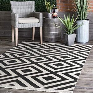 nuloom rayne diamond fringe indoor/outdoor area rug, 8′ x 10′, black