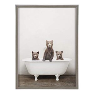 Kate and Laurel Blake Three Little Bears in Vintage Bathtub Framed Printed Glass Wall Art by Amy Peterson, 18x24 Gray, Adorable Woodland Animal Art for Wall