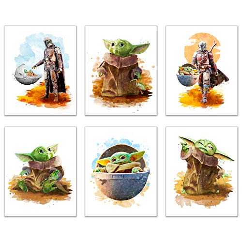 Baby Grogu Mandalorian Prints - Set of 6 (8 inches x 10 inches) Wall Art Decor Poster Photos - Star Wars TV Series Pedro Pascal & The Child Baby Yoda