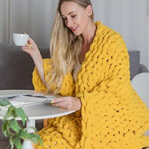 DIRUNEN Chunky Knit Luxury Throw Blanket Large Cable Knitted Premium Soft Cozy Chenille Bulky Blankets for Cuddling up in Bed, on The Couch or Sofa Yellow 79"×79"