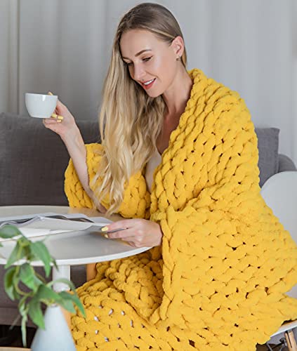 DIRUNEN Chunky Knit Luxury Throw Blanket Large Cable Knitted Premium Soft Cozy Chenille Bulky Blankets for Cuddling up in Bed, on The Couch or Sofa Yellow 79"×79"