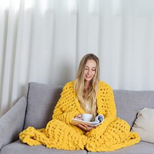 DIRUNEN Chunky Knit Luxury Throw Blanket Large Cable Knitted Premium Soft Cozy Chenille Bulky Blankets for Cuddling up in Bed, on The Couch or Sofa Yellow 79"×79"