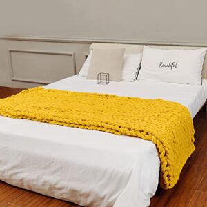 DIRUNEN Chunky Knit Luxury Throw Blanket Large Cable Knitted Premium Soft Cozy Chenille Bulky Blankets for Cuddling up in Bed, on The Couch or Sofa Yellow 79"×79"