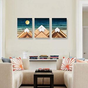 Geometric Mountain Canvas Wall Art for Office Bedroom,Rustic Wall Decor for Living Room Blue Sky Mountain Pictures on Canvas Prints,3 Piece Framed Rustic Home Decor Artwork