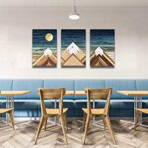 Geometric Mountain Canvas Wall Art for Office Bedroom,Rustic Wall Decor for Living Room Blue Sky Mountain Pictures on Canvas Prints,3 Piece Framed Rustic Home Decor Artwork