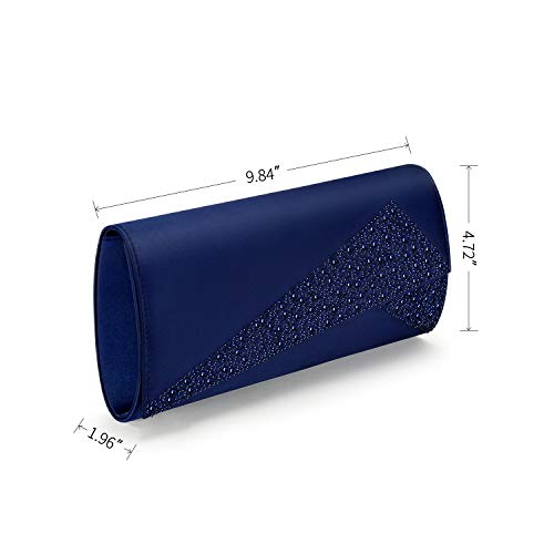 Mulian LilY M092 Women Satin Rhinestones Evening Bags Prom Bridal Clutch Purse Cross Body With Detachable Chain Strap Navy