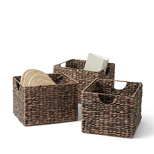 Artera Wicker Cube Storage Baskets - Set of 3, Woven Shelf Basket for Organizing, Natural Storage Bins with Handles for Pantry Living Room, Under Shelf Basket, 13" x 11" x 9" (Dark Brown)