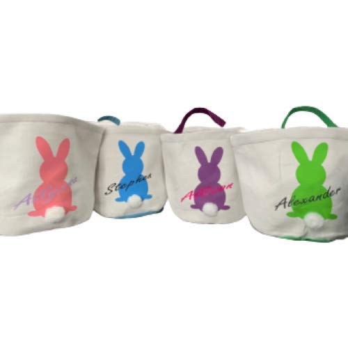 Personalized Bunny Easter Baskets for Kids - Egg Hunting Bucket - Empty Gathering Pail with handle- Custom Gift Idea