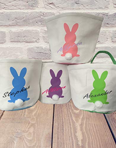 Personalized Bunny Easter Baskets for Kids - Egg Hunting Bucket - Empty Gathering Pail with handle- Custom Gift Idea