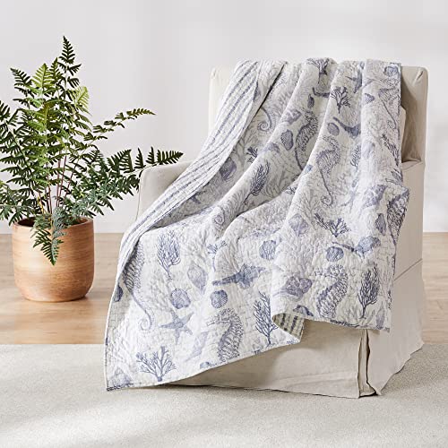 Levtex Home - Tahiti - Quilted Throw - 50x60in. - Coastal - Blue, Grey and White - Reversible Pattern - Cotton Fabric