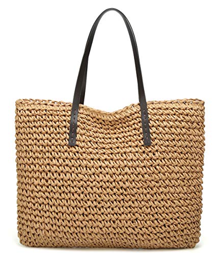 Straw Bag Round Summer Straw Large Woven Beach Bag Purse For Women Vocation Tote Handbags With Pom Poms (Lightcoffee)