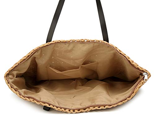 Straw Bag Round Summer Straw Large Woven Beach Bag Purse For Women Vocation Tote Handbags With Pom Poms (Lightcoffee)