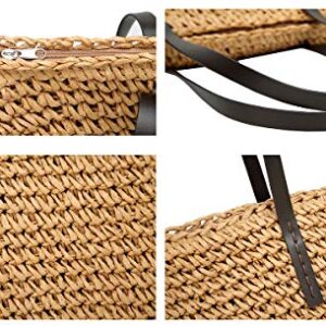 Straw Bag Round Summer Straw Large Woven Beach Bag Purse For Women Vocation Tote Handbags With Pom Poms (Lightcoffee)