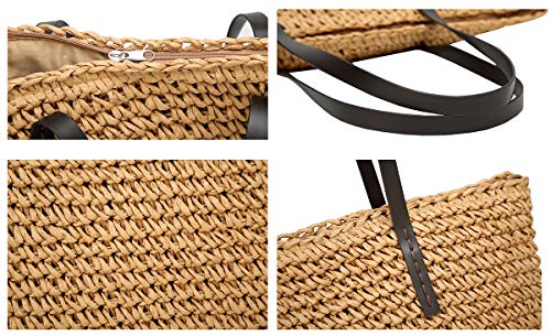 Straw Bag Round Summer Straw Large Woven Beach Bag Purse For Women Vocation Tote Handbags With Pom Poms (Lightcoffee)