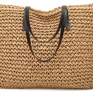 Straw Bag Round Summer Straw Large Woven Beach Bag Purse For Women Vocation Tote Handbags With Pom Poms (Lightcoffee)