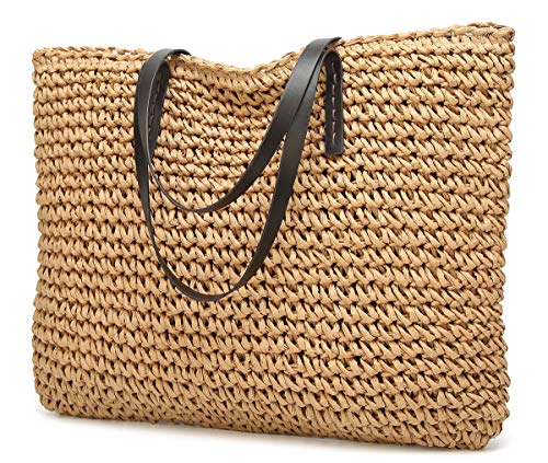 Straw Bag Round Summer Straw Large Woven Beach Bag Purse For Women Vocation Tote Handbags With Pom Poms (Lightcoffee)