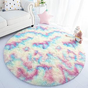 st. bridge soft round rainbow rug for girls room, fluffy circle rug for kids room decor, indoor modern anti-skid fuzzy nursery mats, shaggy fur area rugs for living room bedroom plush carpet, 4 feet