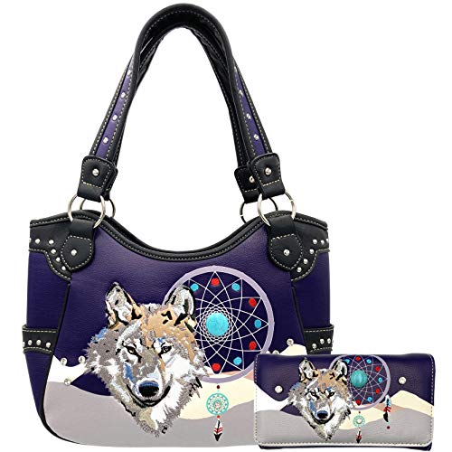 Wolf Embroidery Dream Catcher Feather Tribal Conceal Carry Tote Handbag Purse (Purple Purse Wallet Set)