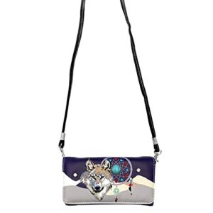 Wolf Embroidery Dream Catcher Feather Tribal Conceal Carry Tote Handbag Purse (Purple Purse Wallet Set)