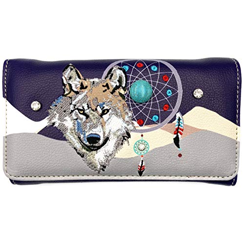 Wolf Embroidery Dream Catcher Feather Tribal Conceal Carry Tote Handbag Purse (Purple Purse Wallet Set)