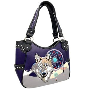 Wolf Embroidery Dream Catcher Feather Tribal Conceal Carry Tote Handbag Purse (Purple Purse Wallet Set)