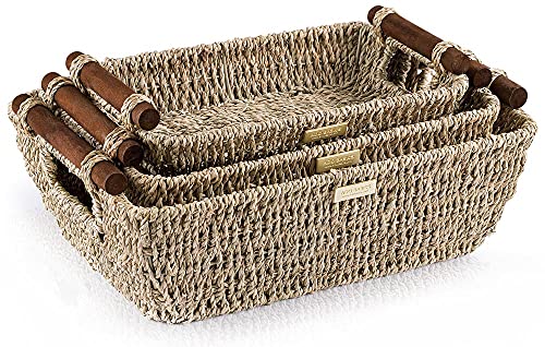 ADO Basics Wicker Basket with Stain Resistant Wooden Handles, Seagrass Wicker Baskets for organizing 14.6inchx10.5inchx5.3inch and 13inchx7.4inchx5.1inch and 9.5inchx6.6x4.5, Set of 3,Natural