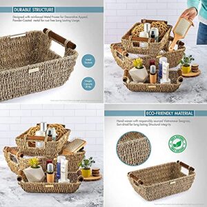 ADO Basics Wicker Basket with Stain Resistant Wooden Handles, Seagrass Wicker Baskets for organizing 14.6inchx10.5inchx5.3inch and 13inchx7.4inchx5.1inch and 9.5inchx6.6x4.5, Set of 3,Natural