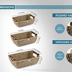 ADO Basics Wicker Basket with Stain Resistant Wooden Handles, Seagrass Wicker Baskets for organizing 14.6inchx10.5inchx5.3inch and 13inchx7.4inchx5.1inch and 9.5inchx6.6x4.5, Set of 3,Natural