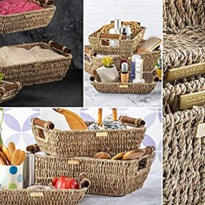 ADO Basics Wicker Basket with Stain Resistant Wooden Handles, Seagrass Wicker Baskets for organizing 14.6inchx10.5inchx5.3inch and 13inchx7.4inchx5.1inch and 9.5inchx6.6x4.5, Set of 3,Natural