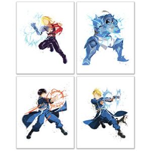 fullmetal alchemist poster prints – set of 4 (8×10) watercolor minimalist brotherhood fma shonen anime fanart wall art decor – edward elric – alphonse elric – roy mustang – riza hawkeye