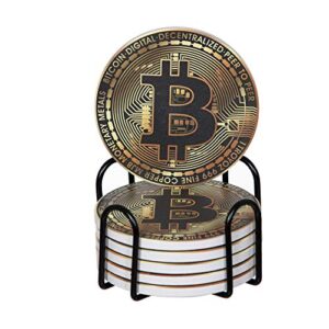 bridgemore physical bitcoin coasters for drinks – set of 6 ceramic bitcoin coin coasters for drinks absorbent with holder – great bitcoin gift idea or house warming presents for new home