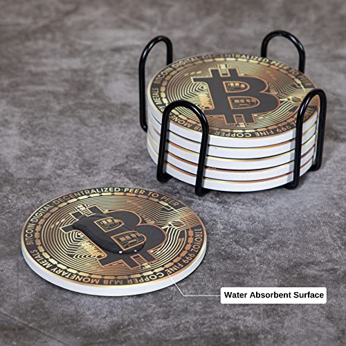 Bridgemore Physical Bitcoin Coasters for Drinks - Set of 6 Ceramic Bitcoin Coin Coasters for Drinks Absorbent with Holder - Great Bitcoin Gift Idea or House Warming Presents for New Home