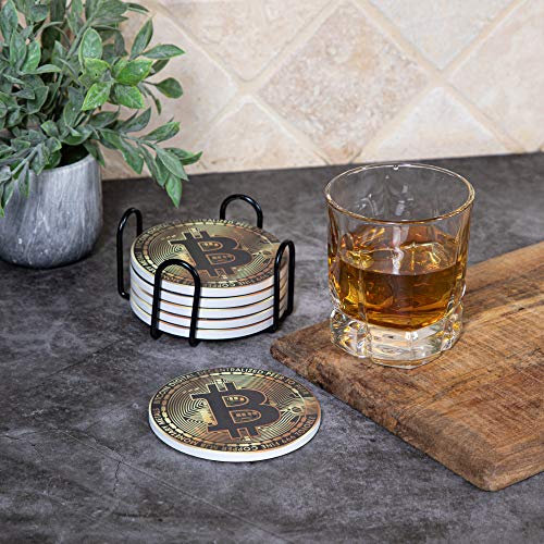 Bridgemore Physical Bitcoin Coasters for Drinks - Set of 6 Ceramic Bitcoin Coin Coasters for Drinks Absorbent with Holder - Great Bitcoin Gift Idea or House Warming Presents for New Home