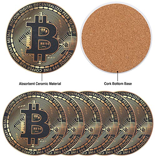 Bridgemore Physical Bitcoin Coasters for Drinks - Set of 6 Ceramic Bitcoin Coin Coasters for Drinks Absorbent with Holder - Great Bitcoin Gift Idea or House Warming Presents for New Home