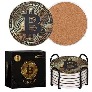 Bridgemore Physical Bitcoin Coasters for Drinks - Set of 6 Ceramic Bitcoin Coin Coasters for Drinks Absorbent with Holder - Great Bitcoin Gift Idea or House Warming Presents for New Home