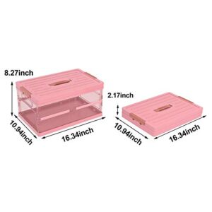 Apsan Collapsible Storage Bins with Lids for organizing, Stackable Clear Latch Storage Box with Handle, Folding Plastic Containers, Pink