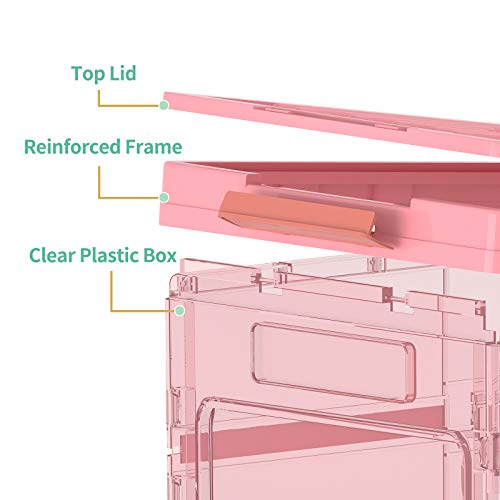 Apsan Collapsible Storage Bins with Lids for organizing, Stackable Clear Latch Storage Box with Handle, Folding Plastic Containers, Pink