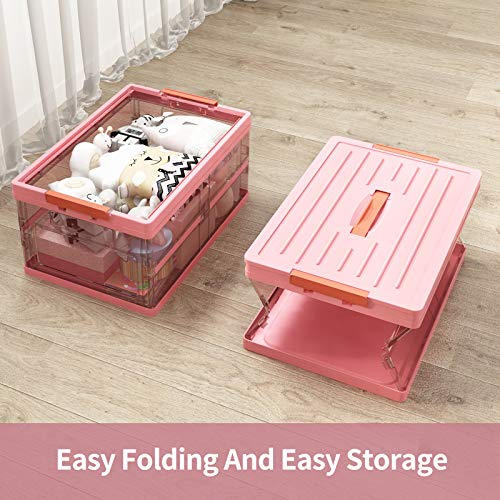 Apsan Collapsible Storage Bins with Lids for organizing, Stackable Clear Latch Storage Box with Handle, Folding Plastic Containers, Pink