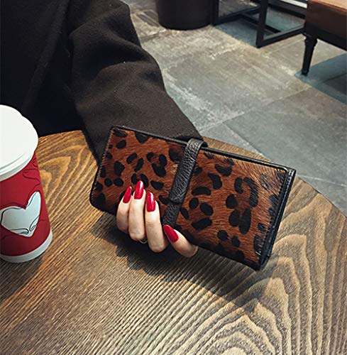 HANSOMFY 2021 New Horsehair Leather Wallet Women Long Leopard Print Coin Purse Drawstring Card Slot Large Capacity Wallets (Leopard)