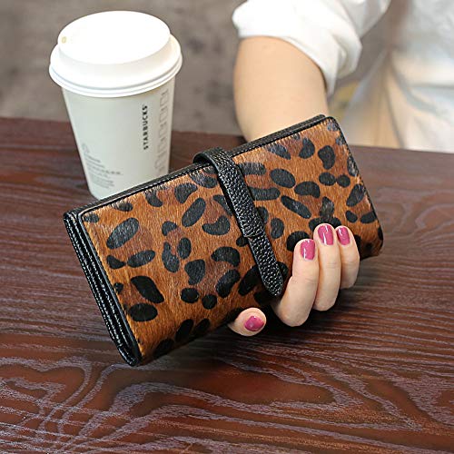 HANSOMFY 2021 New Horsehair Leather Wallet Women Long Leopard Print Coin Purse Drawstring Card Slot Large Capacity Wallets (Leopard)